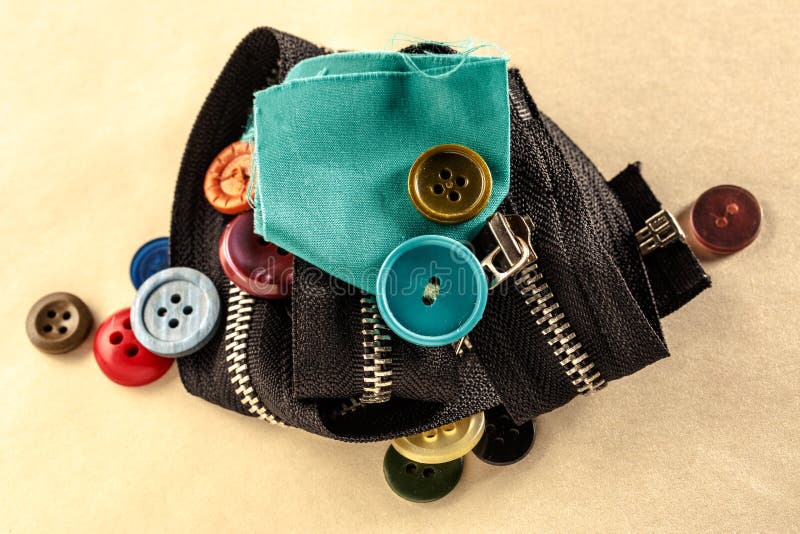 Colourful Buttons, Zipper and Cloth Stock Photo - Image of blue, group ...