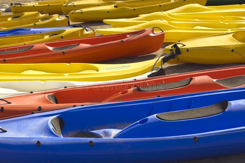 Colourful Canoes Lie in Two Rows Stock Image - Image of leisure ...