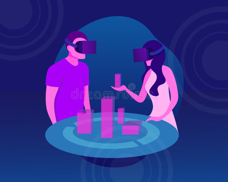 Colourful Cartoon Couple Experiencing Virtual Reality Simulation Stock ...