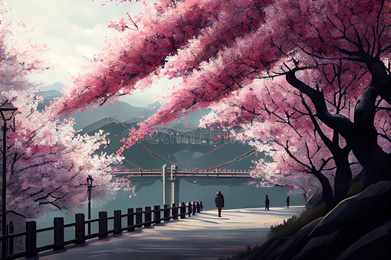 Colourful Cherry Blossom Scene Generative AI Illustration Stock ...