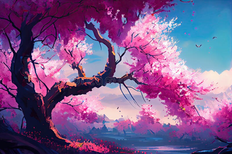 Colourful Cherry Blossom Scene Generative AI Illustration Stock ...