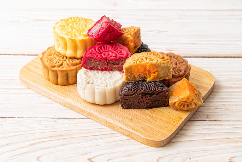 Colourful Chinese Moon Cake on Wood Plate Stock Image - Image of china ...