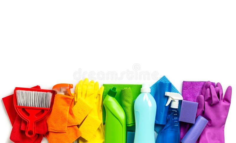 Colourful Cleaning Products and Tools Isolated on White Background ...