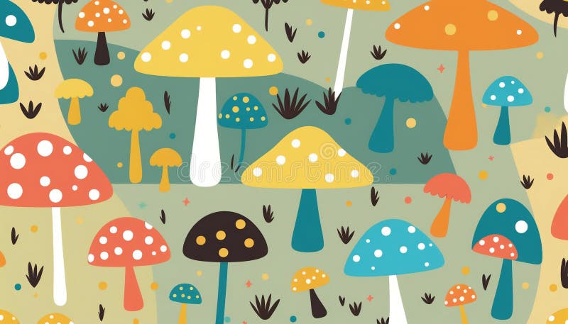 Colourful and Cute Mushroom Pattern Stock Illustration - Illustration ...