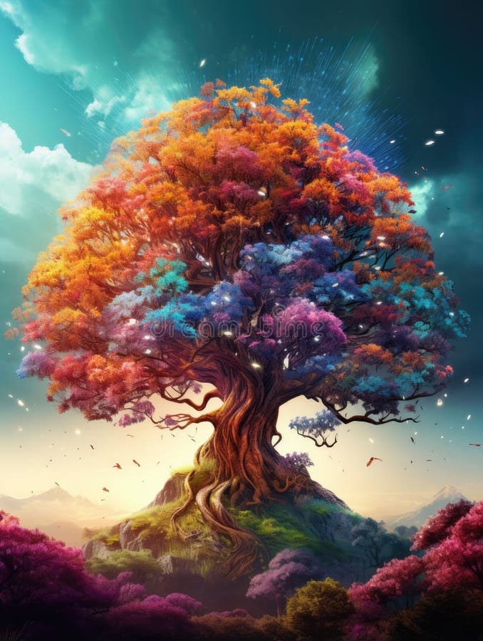 Colourful Enchanted Tree with an Intricate Trunk Stock Illustration ...