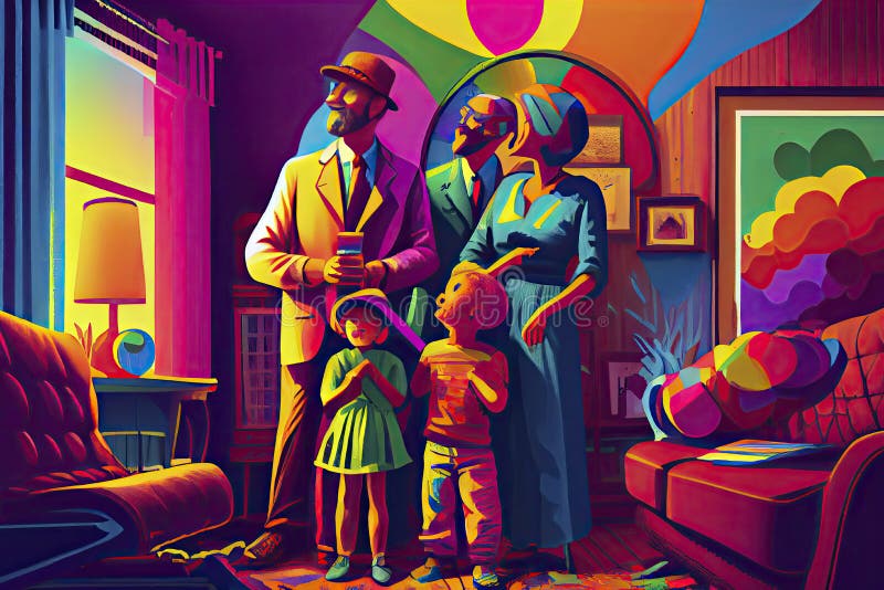 Colourful Family Scene stock illustration. Illustration of family ...