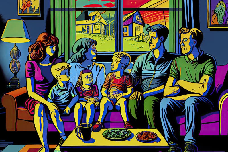 Colourful Family Scene stock illustration. Illustration of affectionate ...