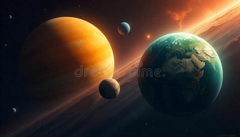 A Colourful and Fantastical Space Scene with Multiple Planets, Moon and ...