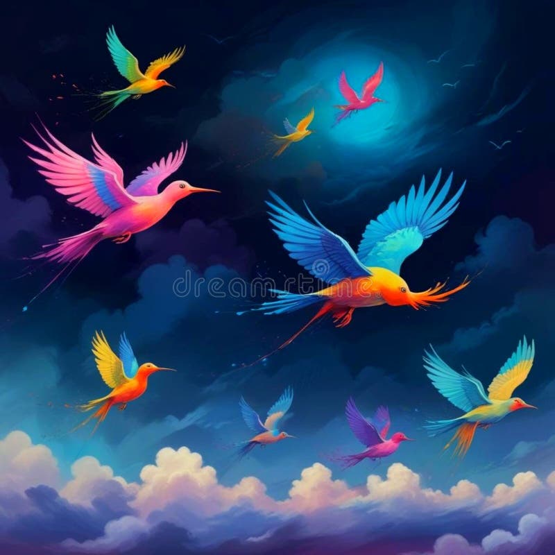 Colourful Fantasy Birds Flying in a Surreal Sky with Clouds Stock Image ...