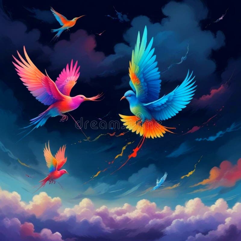 Colourful Fantasy Birds Flying in a Surreal Sky with Clouds Stock Image ...