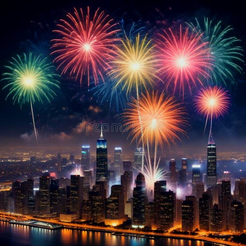 Colourful Fireworks Exploding Over a City Skyline at Night. Stock ...