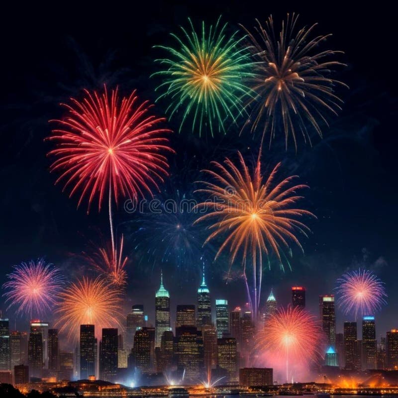 Colourful Fireworks Exploding Over a City Skyline at Night. Stock Image ...