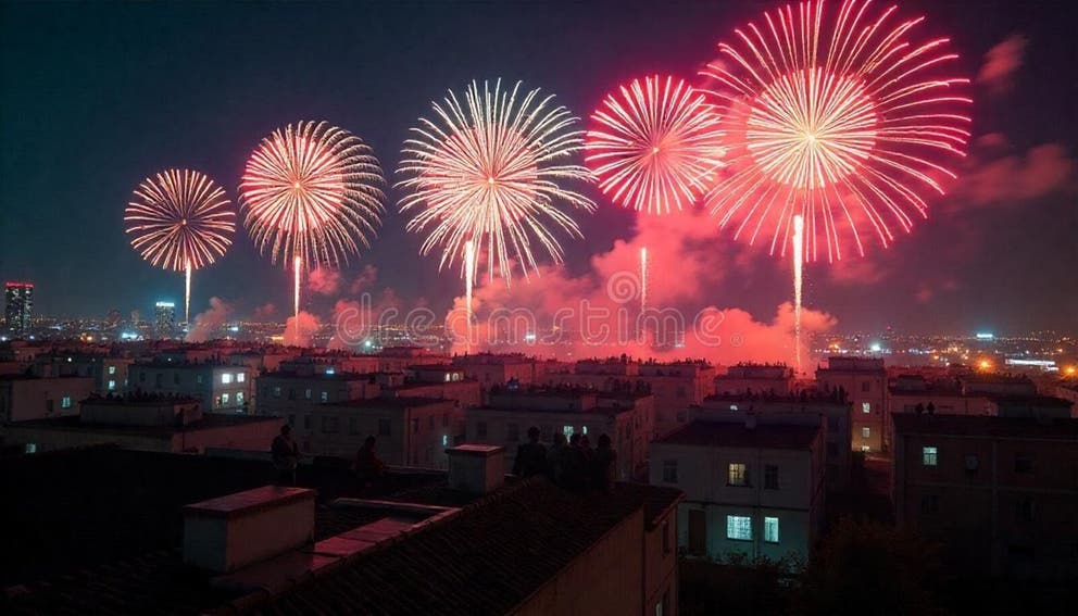 Colourful Fireworks Exploding Over a City Skyline at Night. Stock Image ...