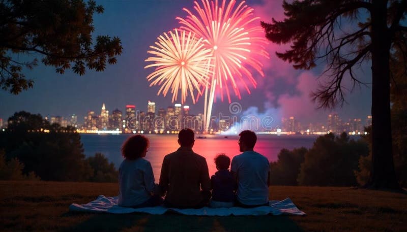 Colourful Fireworks Exploding Over a City Skyline at Night. Stock Photo ...