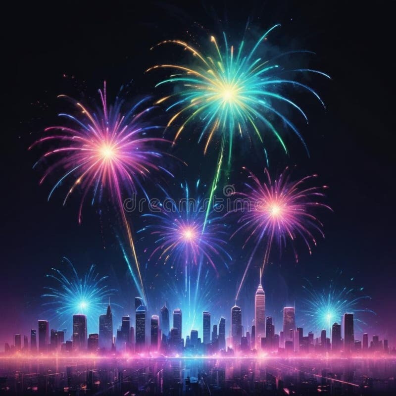 Colourful Fireworks Exploding Over a Futuristic City Skyline with Neon ...