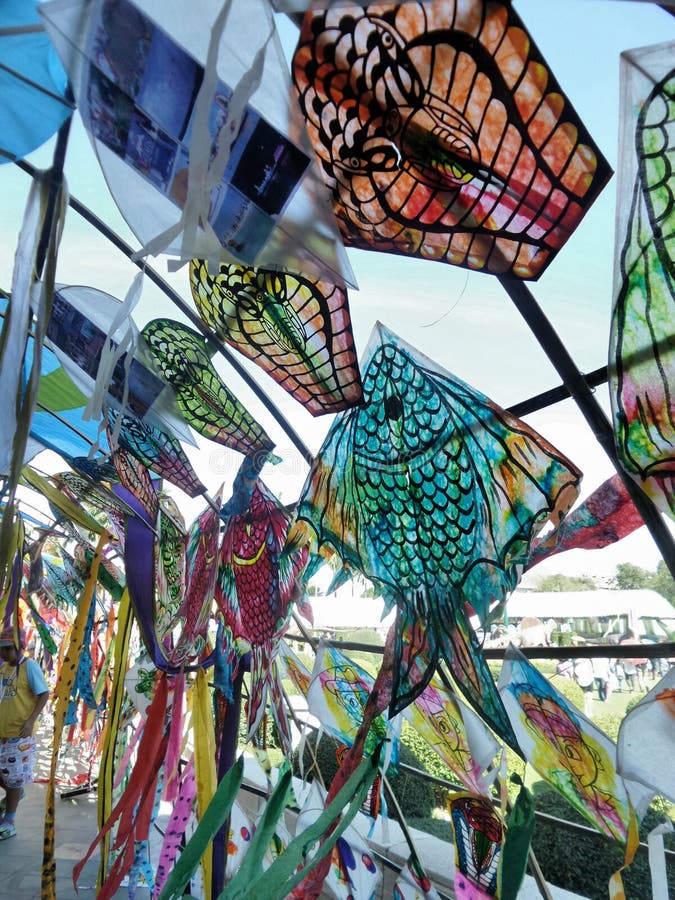 Colourful Fish and Snake Paper Kites in the Wind Under Bright Blue Sky ...