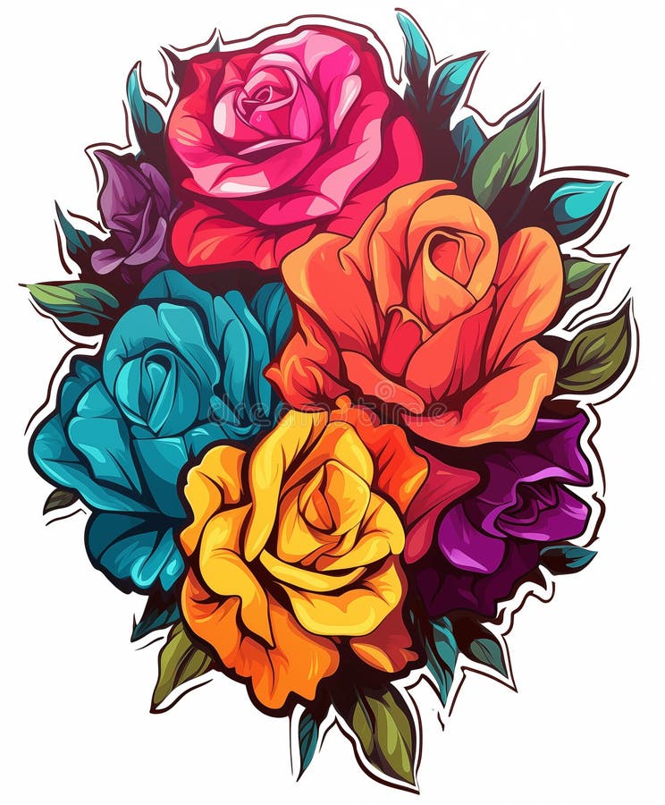 Colourful Floral Roses Sticker Pattern Design White Background Stock ...