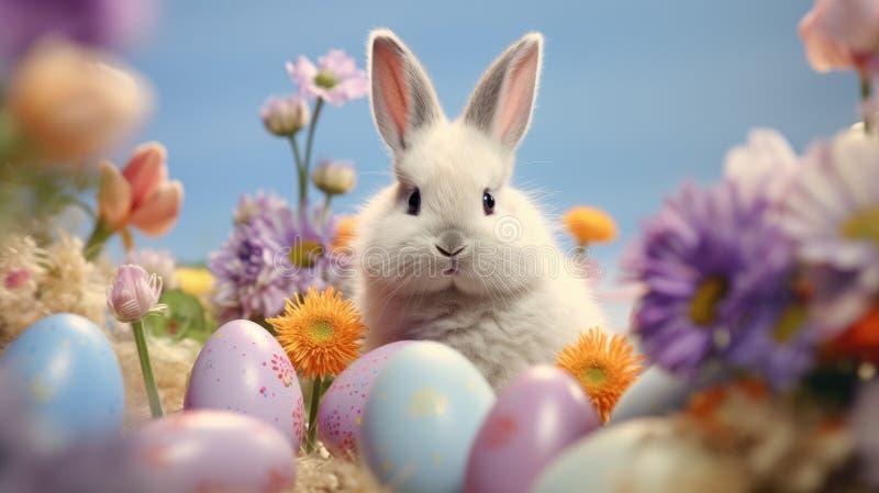 Colourful Flowers and Bunny on Pastel Background. Easter Background ...