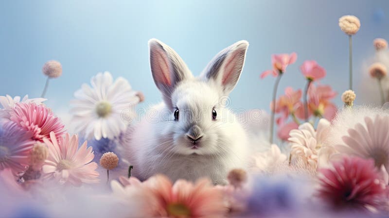 Colourful Flowers and Bunny on Pastel Background. Easter Background ...