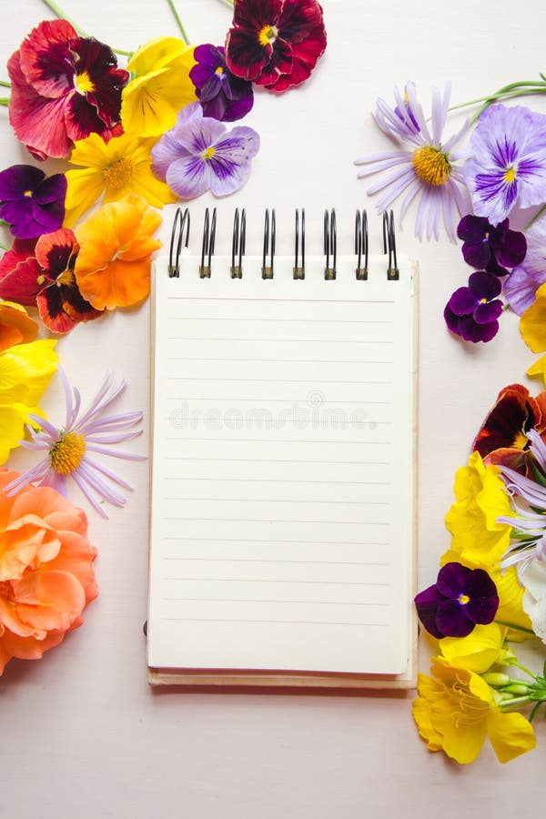 Colourful Flowers and an Open Notebook on the White Background Stock ...