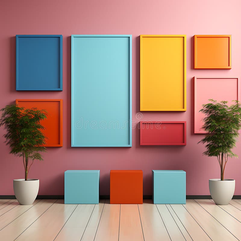 Colourful Geometric Pattern Room Interior with Plant, 3D Rendering ...