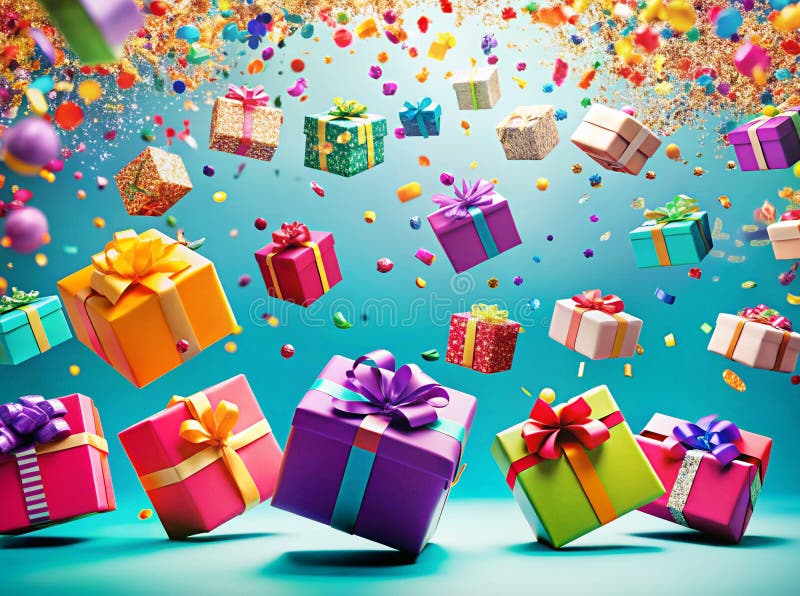 Colourful Gift Boxes with Confetti Flying and Falling with Copy Space ...