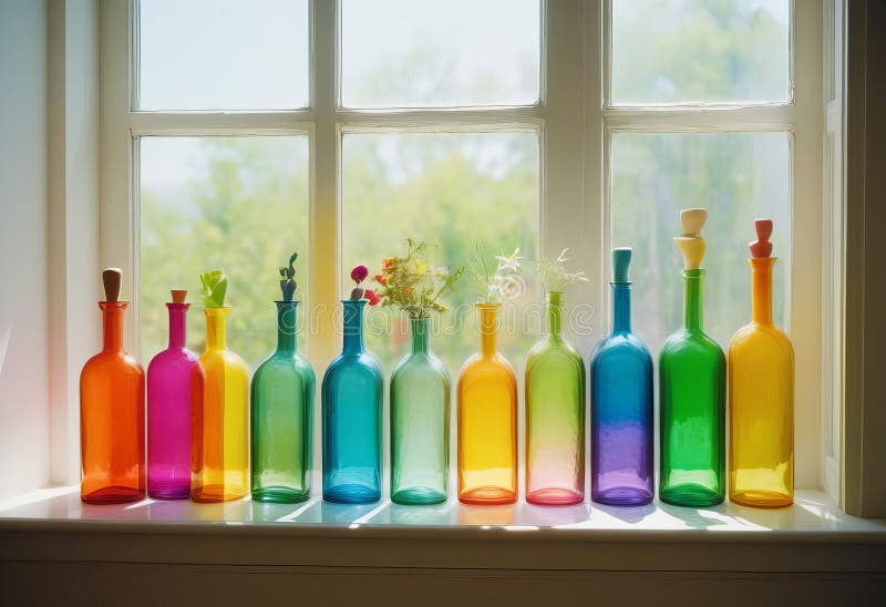 Colourful Glass Bottles on a Shelf in Front of a Window Stock ...