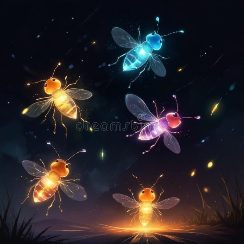 Colourful Glowing Fireflies Floating in a Dark Night Sky, with a ...
