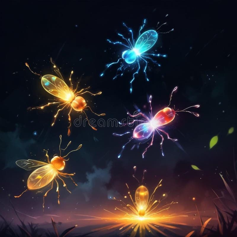 Colourful Glowing Fireflies Floating in a Dark Night Sky, with a ...