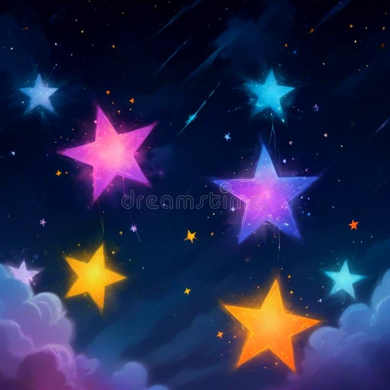 Colourful Glowing Stars Floating in a Night Sky with Wispy Clouds Stock ...