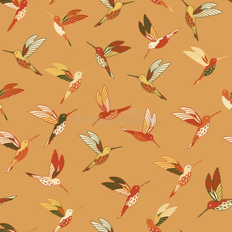 Colourful Hummingbird on Indian Yellow Background. Seamless Pattern ...