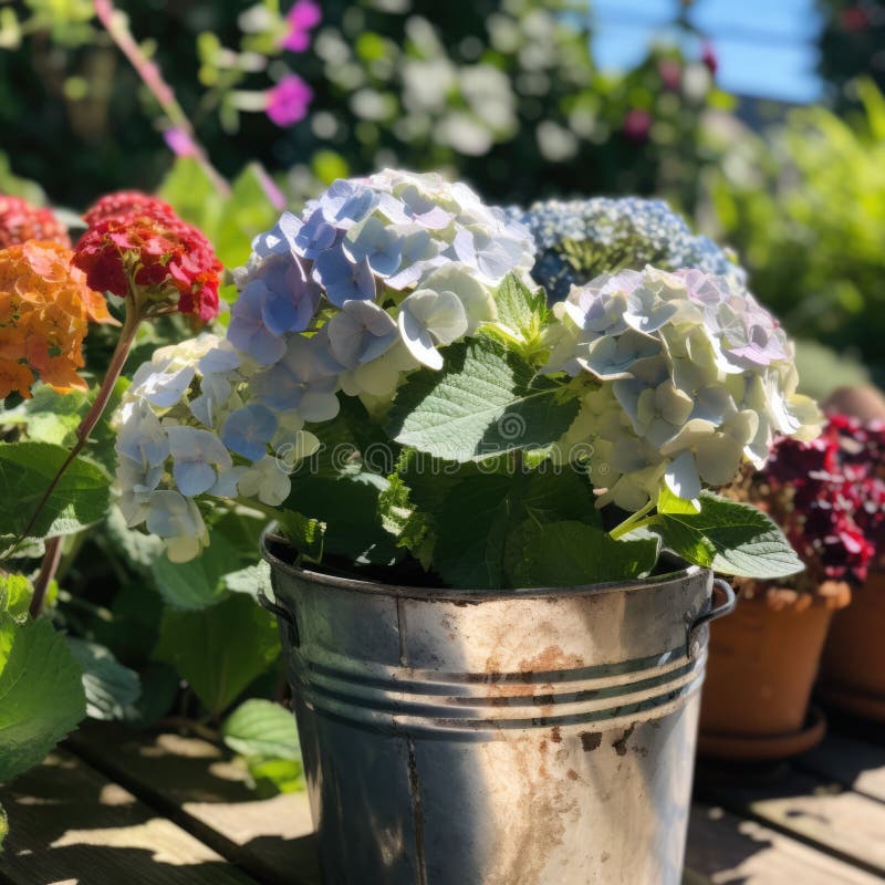 Colourful Hydrangeas in Metal Planter in Sunny Garden, Created Using ...