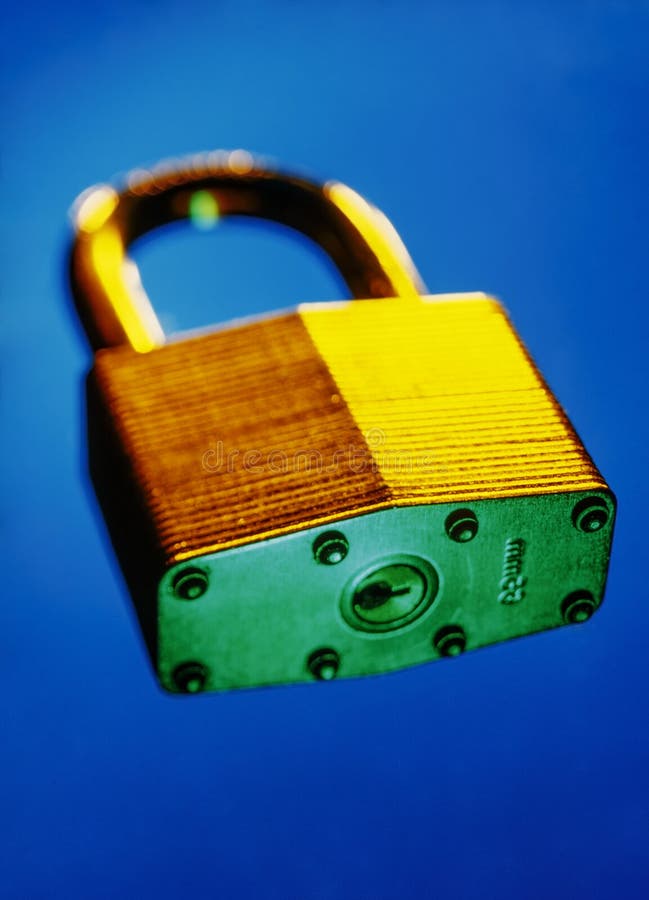 Colourful Image of a Golden Padlock Floating on a Blue Background Stock ...