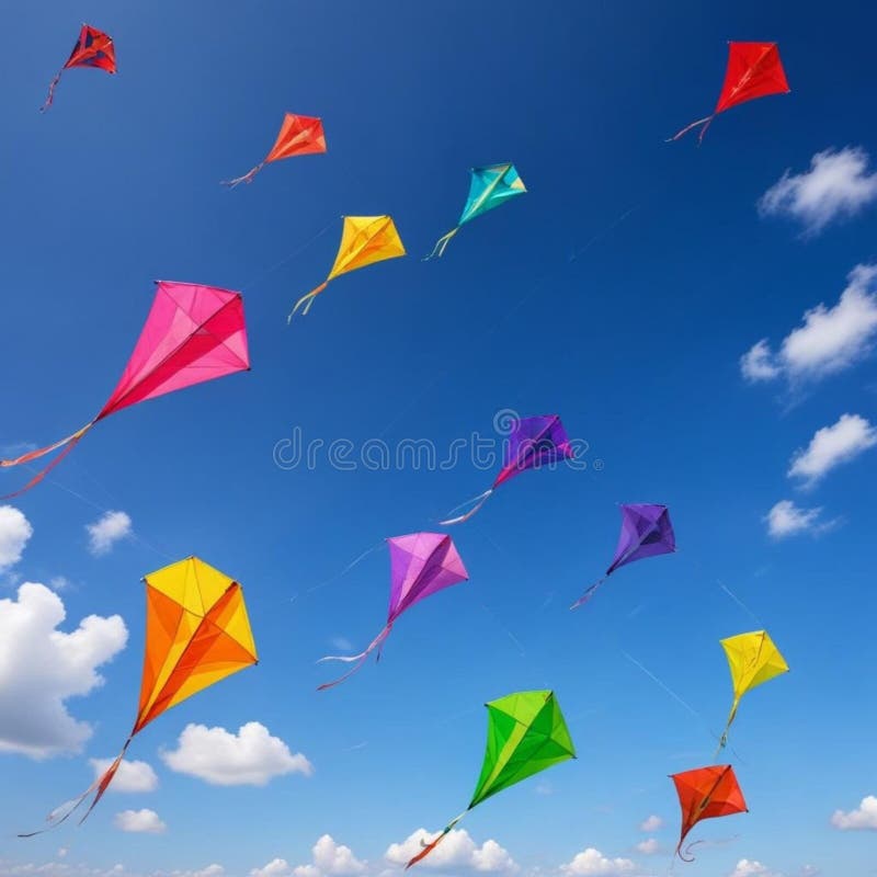 Colourful Kites Flying in a Blue Sky with Fluffy 8 Stock Photo - Image ...