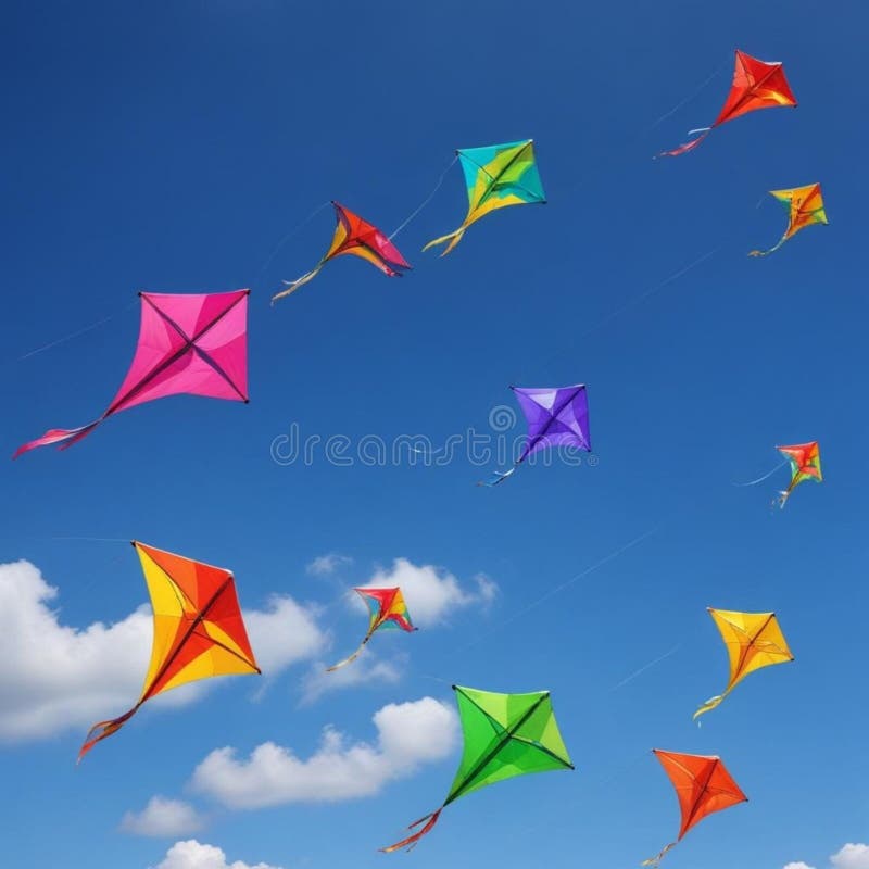 Colourful Kites Flying in a Blue Sky with Fluffy 8 Stock Image - Image ...