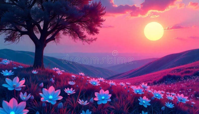 A Colourful Landscape with a Tree in the Foreground, Glowing Blue ...