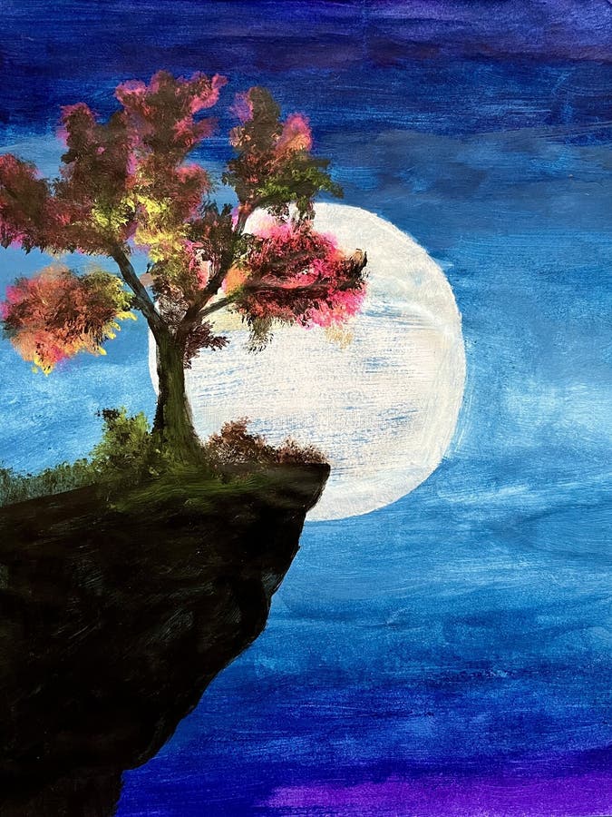 Colourful night tree stock photo. Image of moon, reflection - 330183606