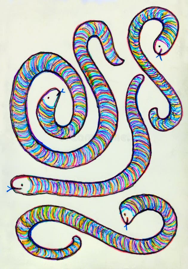 Colored Hand Drawn Picture of Patterned Snakes. Stock Illustration ...