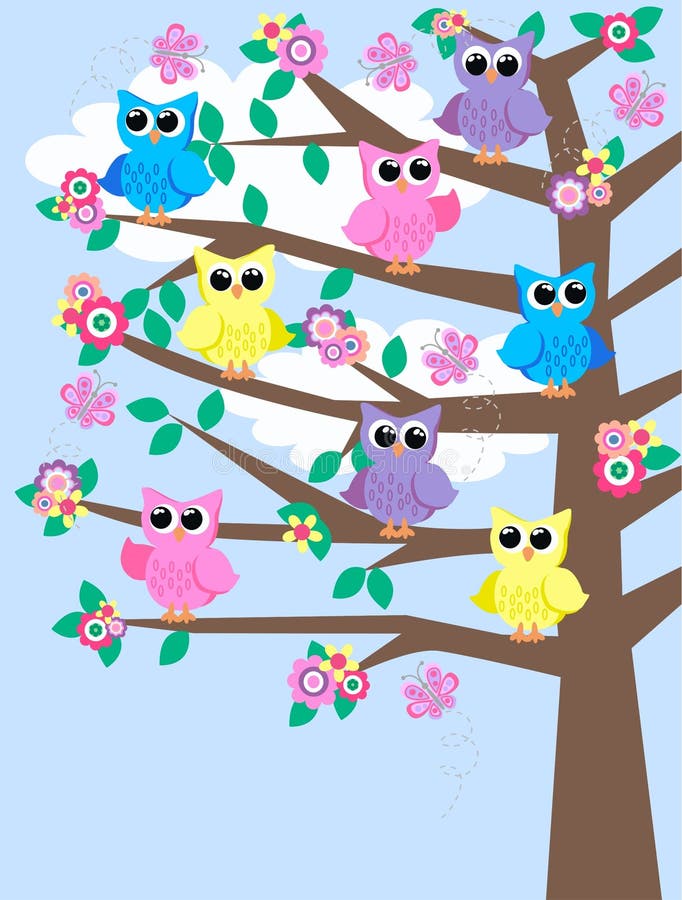 Cute owls in a tree stock vector. Illustration of book - 18496030