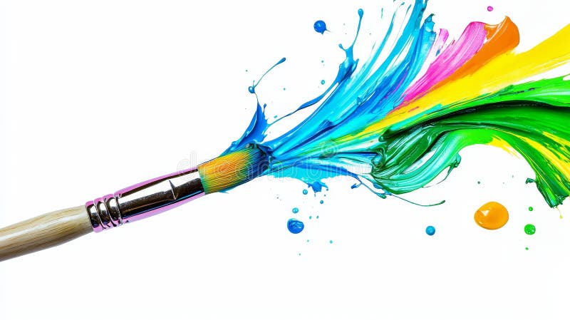 A Colourful Paint Brush with Colorful Splashes Isolated on a White ...