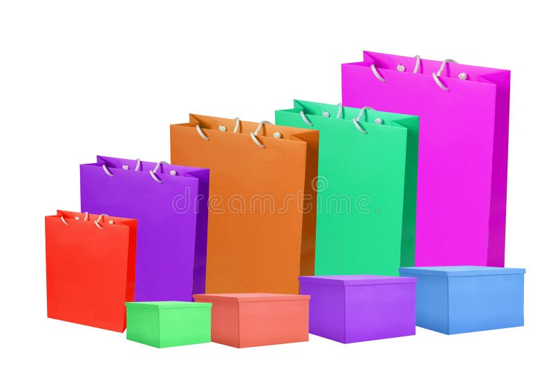 Colourful Paper Shopping Bags and Box Isolated on White Stock Photo ...