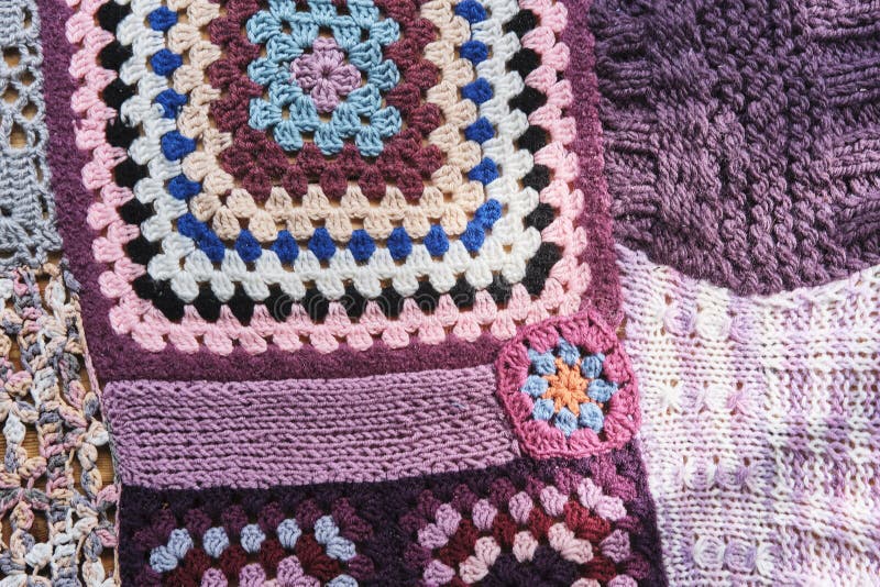 Colourful Patchwork Fabric is Sewn with Granny Squares Patterns. Stock ...