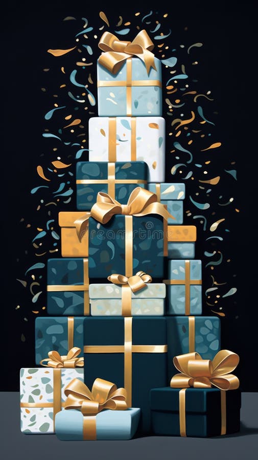 Colourful Present Boxes with Ribbon Staked on Dark Background with ...