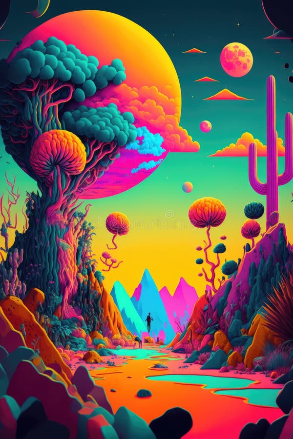 Colourful and Psychedelic Planet with Mountain, Man and Tree, Created ...