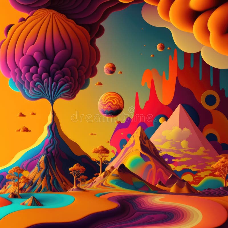 Colourful and Psychedelic Planet with Mountains and Trees, Created ...