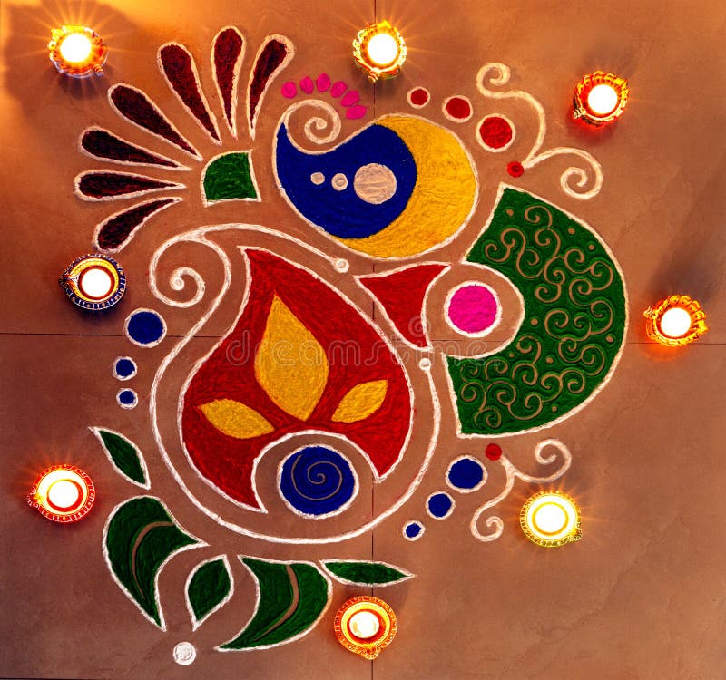 Deepak with Colourful Rangoli Stock Photo - Image of india, flower ...