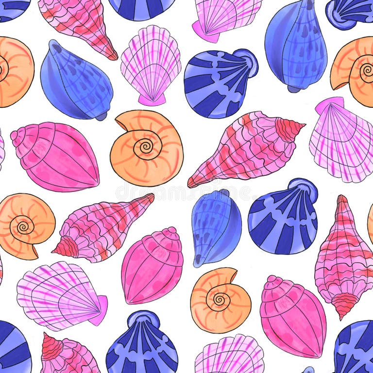Colourful Seashells Repeat Pattern, Raster Illustration Design Stock ...