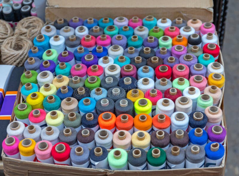 Colourful Sewing Buttons and Spools of Threads with Copy Space Stock ...