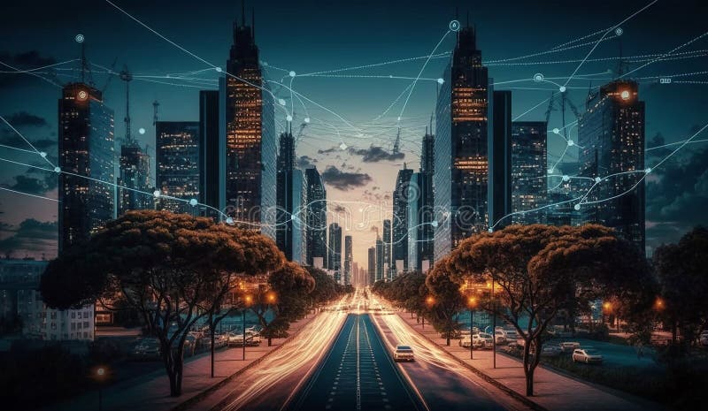 Colourful Smart City and Connection Technology Concept, Illustration of ...