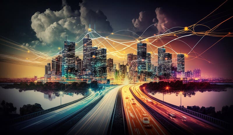 Colourful Smart City and Connection Technology Concept, Illustration of ...